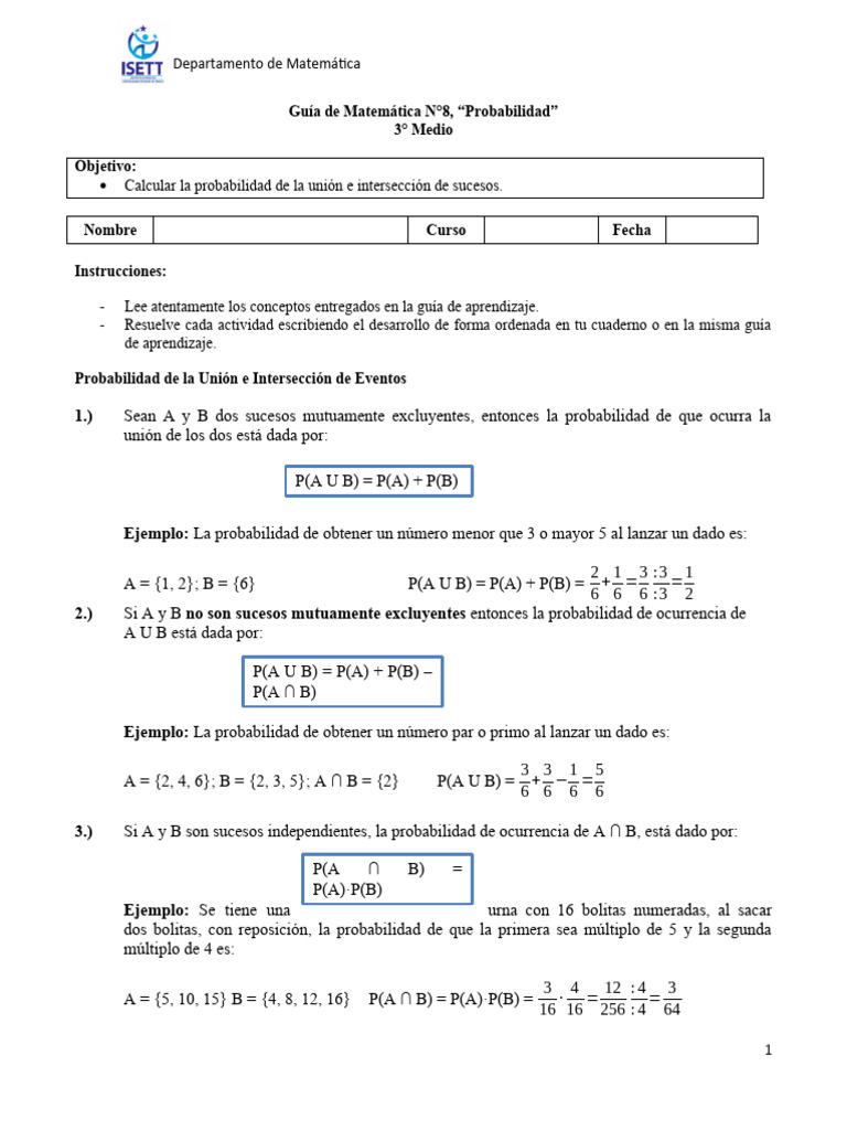 Guía #8 Probabilidad de La Unión e Intersección 3° Medio Matemática ...