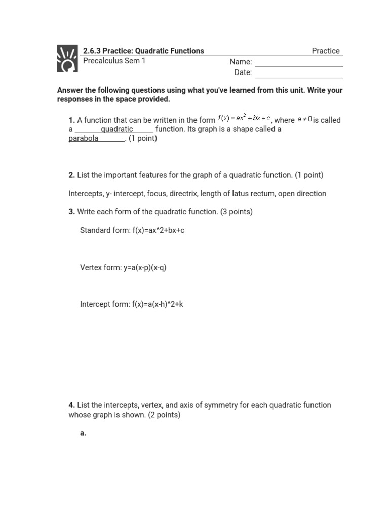 2.6.3 Practice - Quadratic Functions (Practice) | PDF | Quadratic Equation | Mathematical Objects