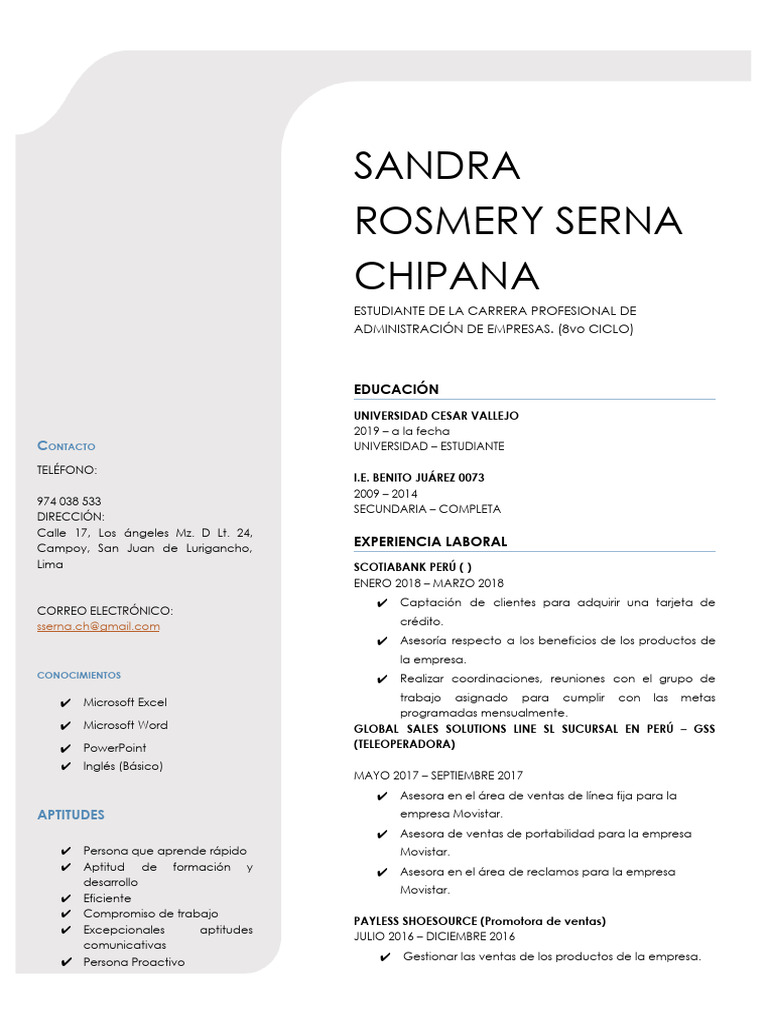 Cv. Sandra Rosmery Serna Chipana | PDF | Business