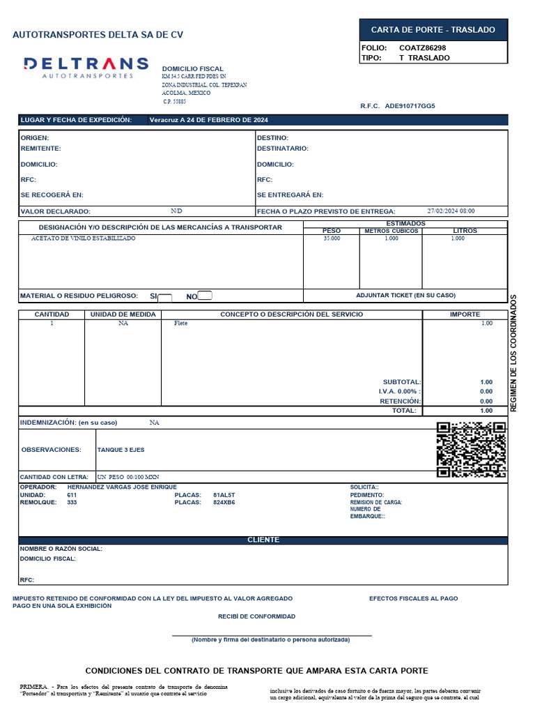 Carta Porte Formato en Blanco | PDF | Business | Economias