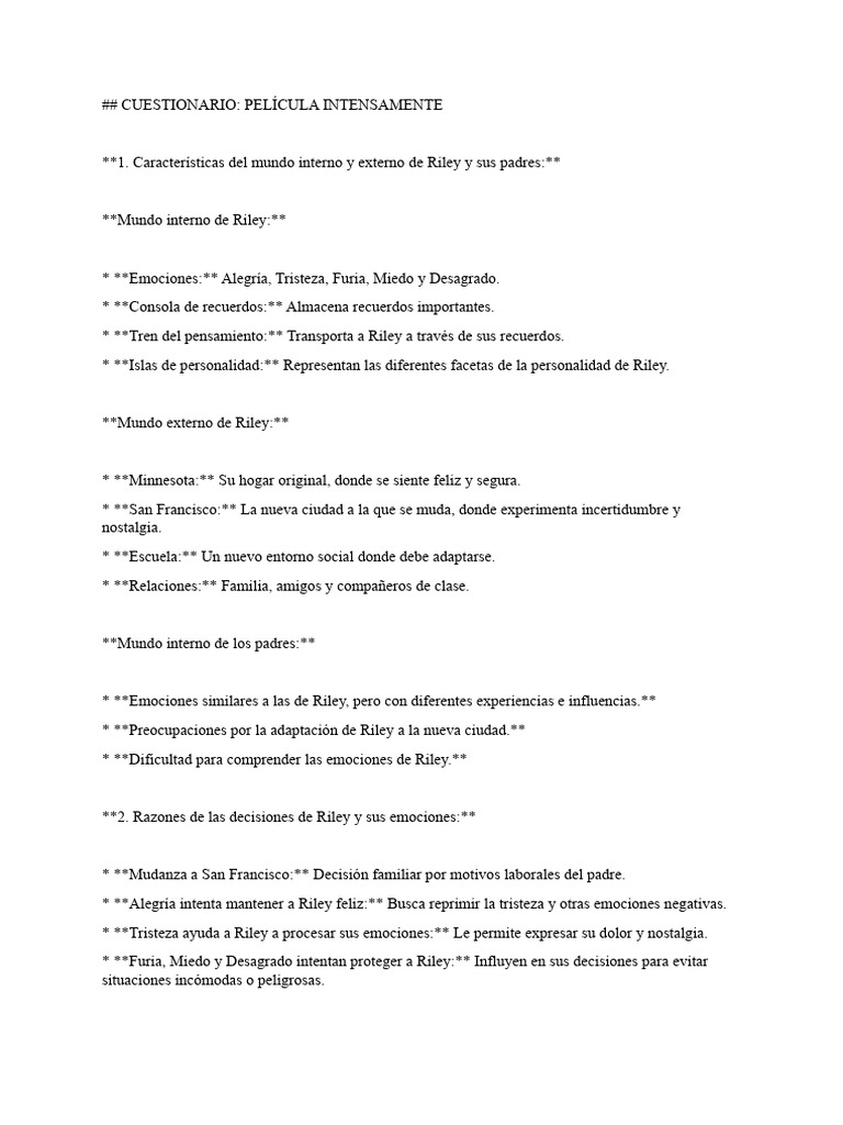 Cuestionario Película Intensamente | PDF | Las emociones | Psicología ...