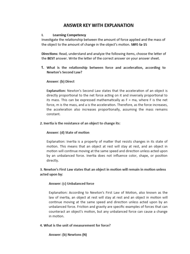 Answer Key | PDF | Force | Inertia