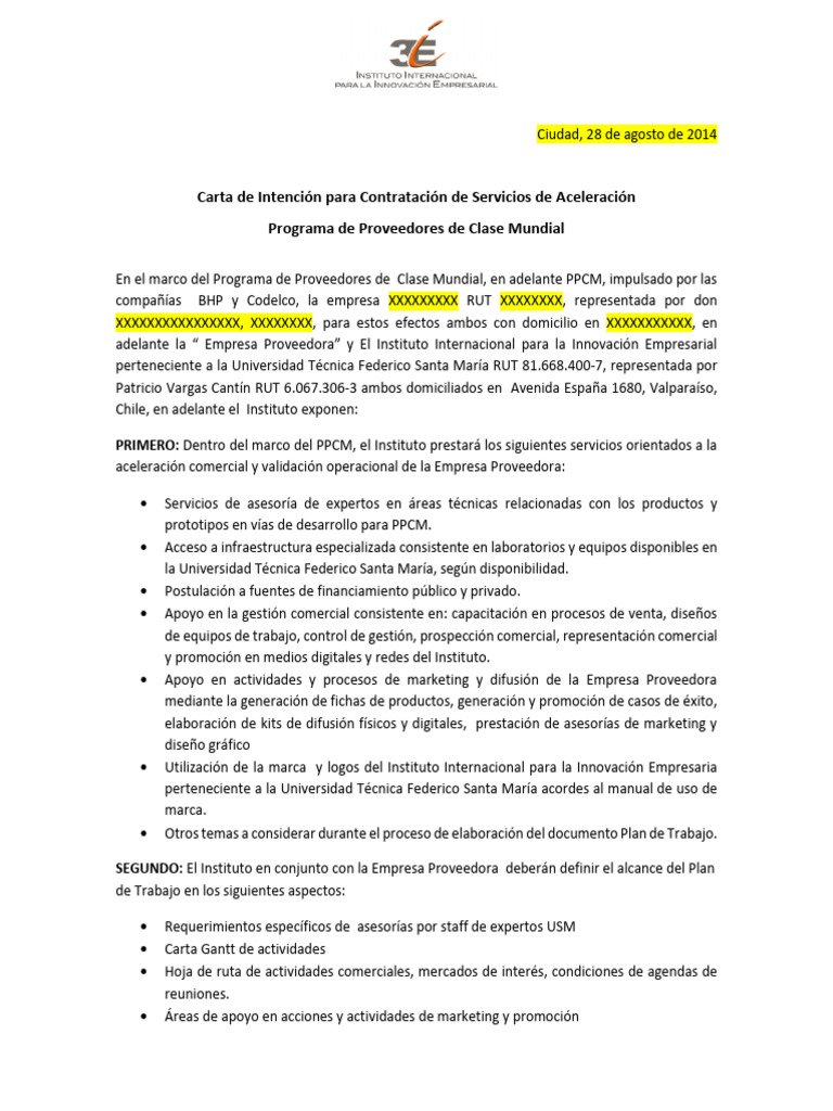 Template Carta de Intención Servicios Aceleración - 20140828 | PDF ...