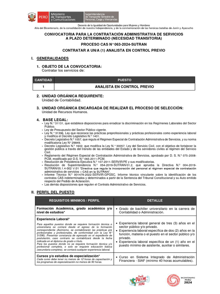 Cas 063-2024 - Bases - Analista en Control Previo - Uc | Descargar gratis PDF | Educación más ...