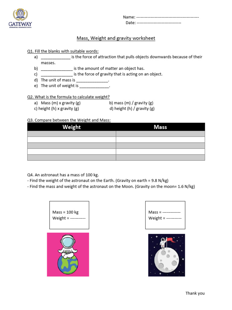 Mass, Weight, and Gravity Worksheet | PDF
