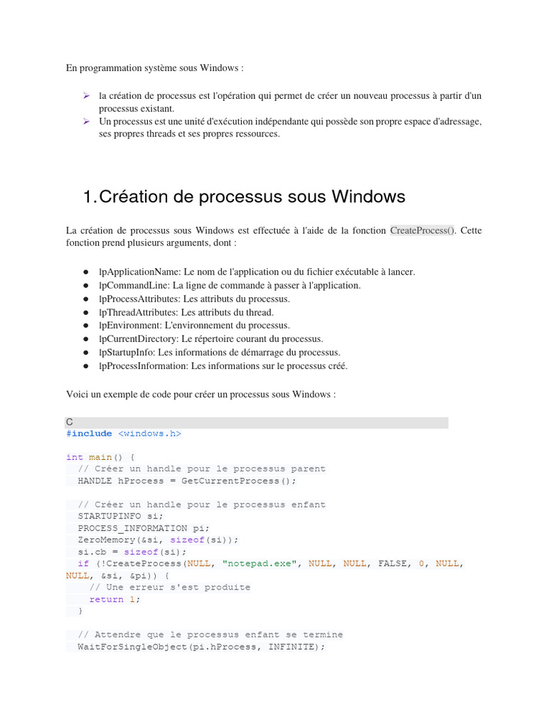 Programmation Système - Création de Processus Sous Windows | PDF | Microsoft Windows | Thread ...