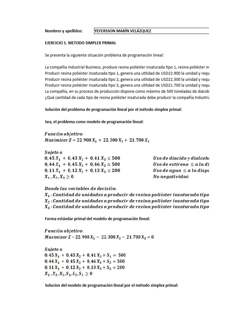 Plantilla Ejercicio 1 - Metodo Simplex Primal - Tarea 1 | PDF | Programación lineal | Teoría de ...