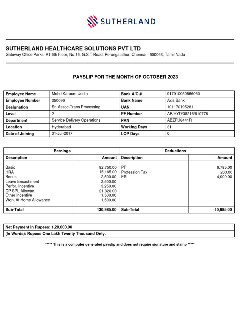Salaary Slip Oct | PDF