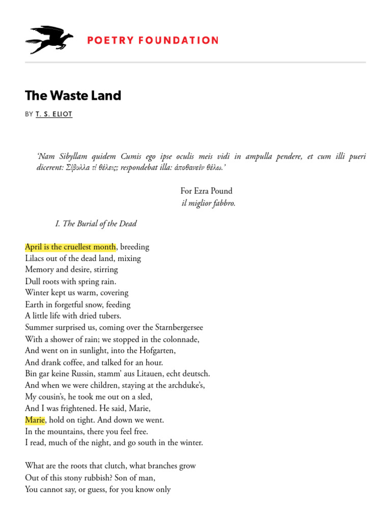 The Waste Land by T.S. Eliot | PDF | Poetry