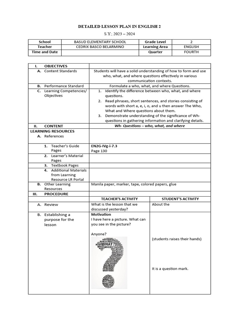 Grade 2 English Wh- Questions Lesson Plan | PDF | Question | Lesson Plan