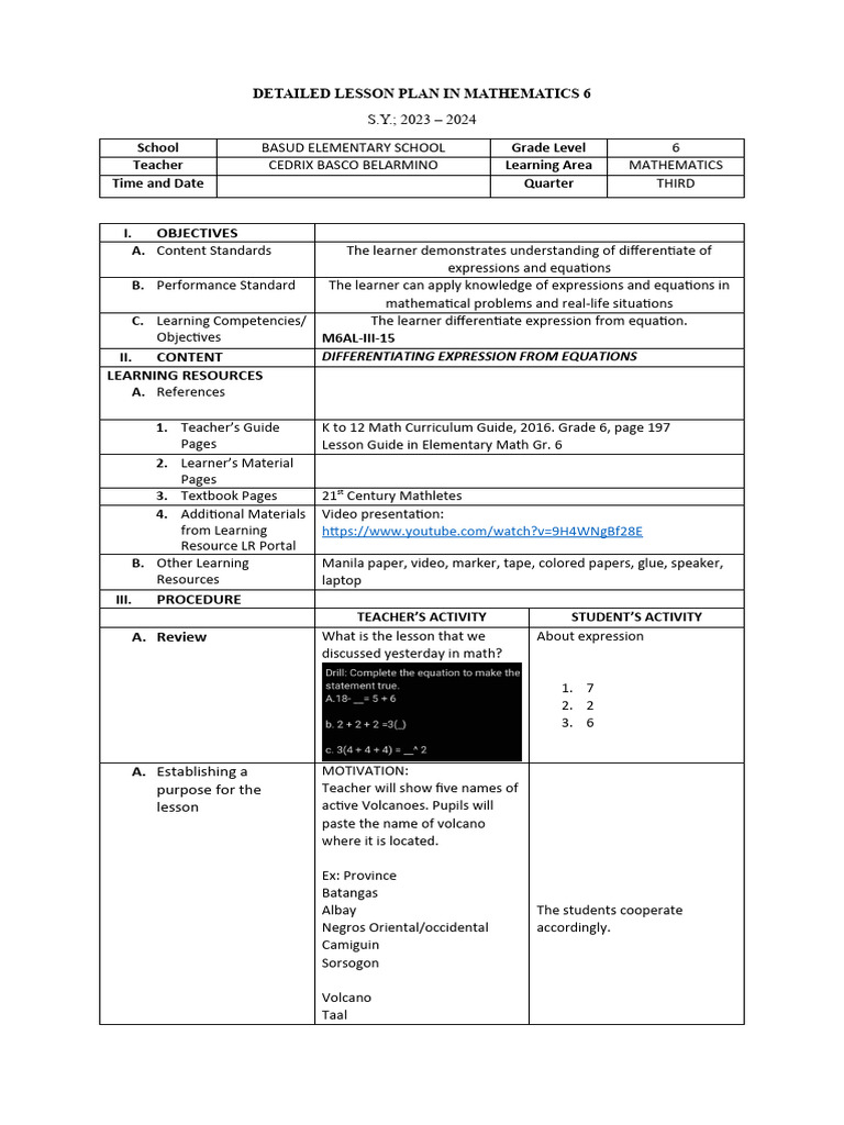 Expression and Equations | PDF | Variable (Mathematics) | Cognition
