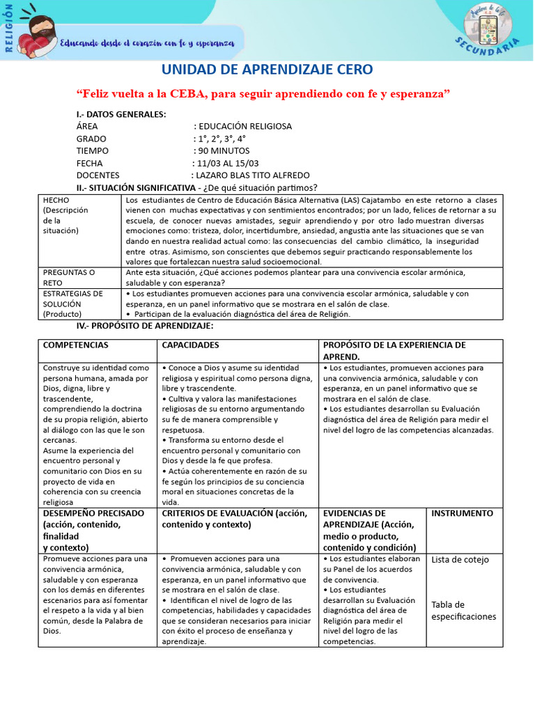 Unidad de Aprendizaje Cero | PDF | Evaluación | Aprendizaje