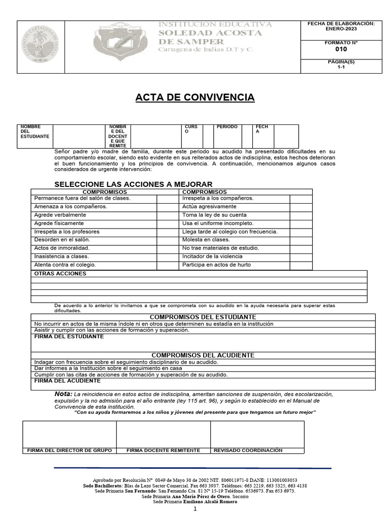 Formato 010 Acta de Convivencia - Blanco y Negro | PDF