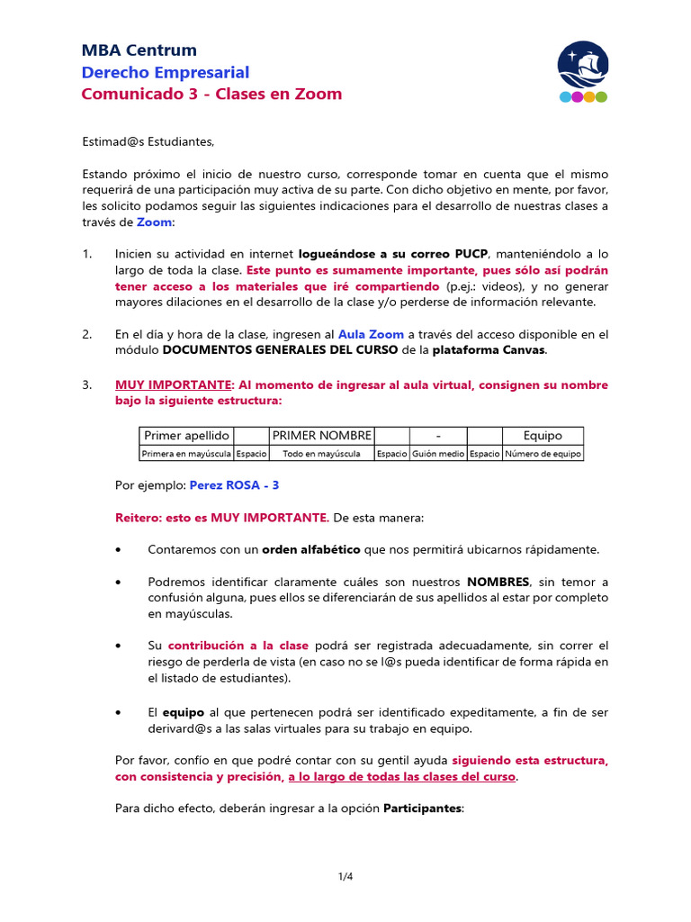 MBAC DISTANCIA 1-A - Clases en Zoom - 21mar2024 | PDF | Chat en linea