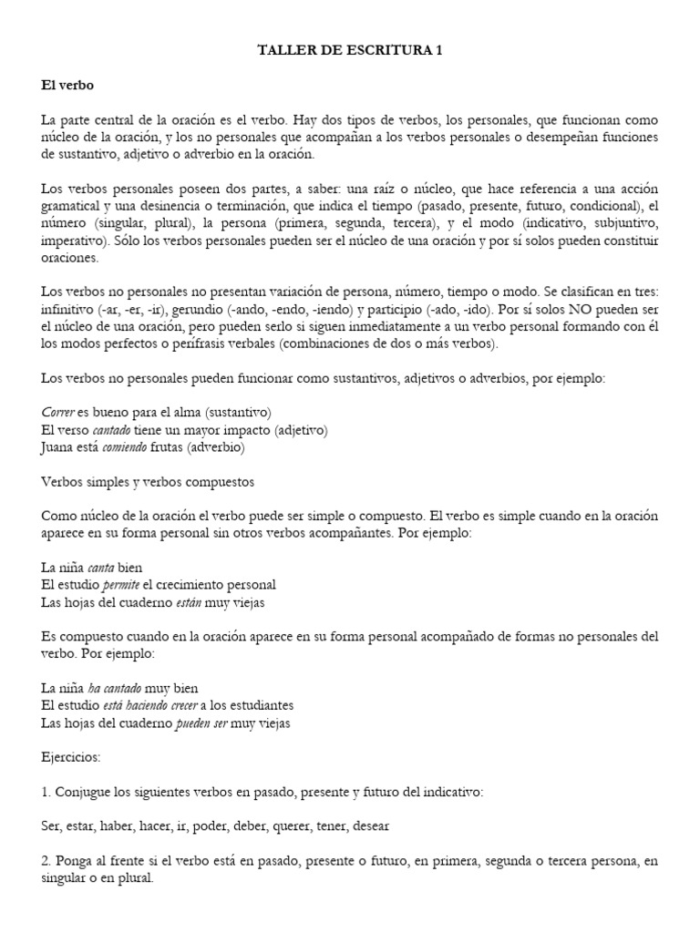 Taller Verbos Y Oraciones Simples Pdf Verbo Oración Lingüística