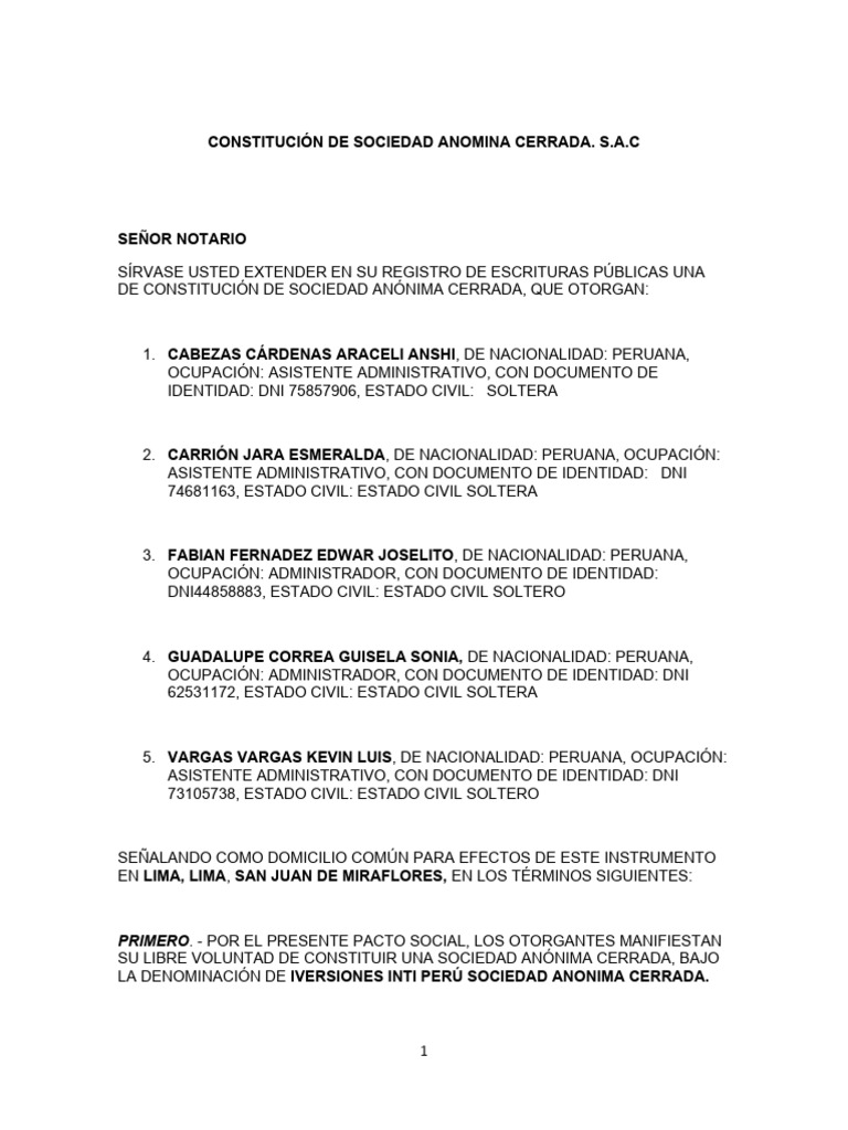 Minuta - Constitucion Sociedad Anonima Cerrada | PDF | Moneda