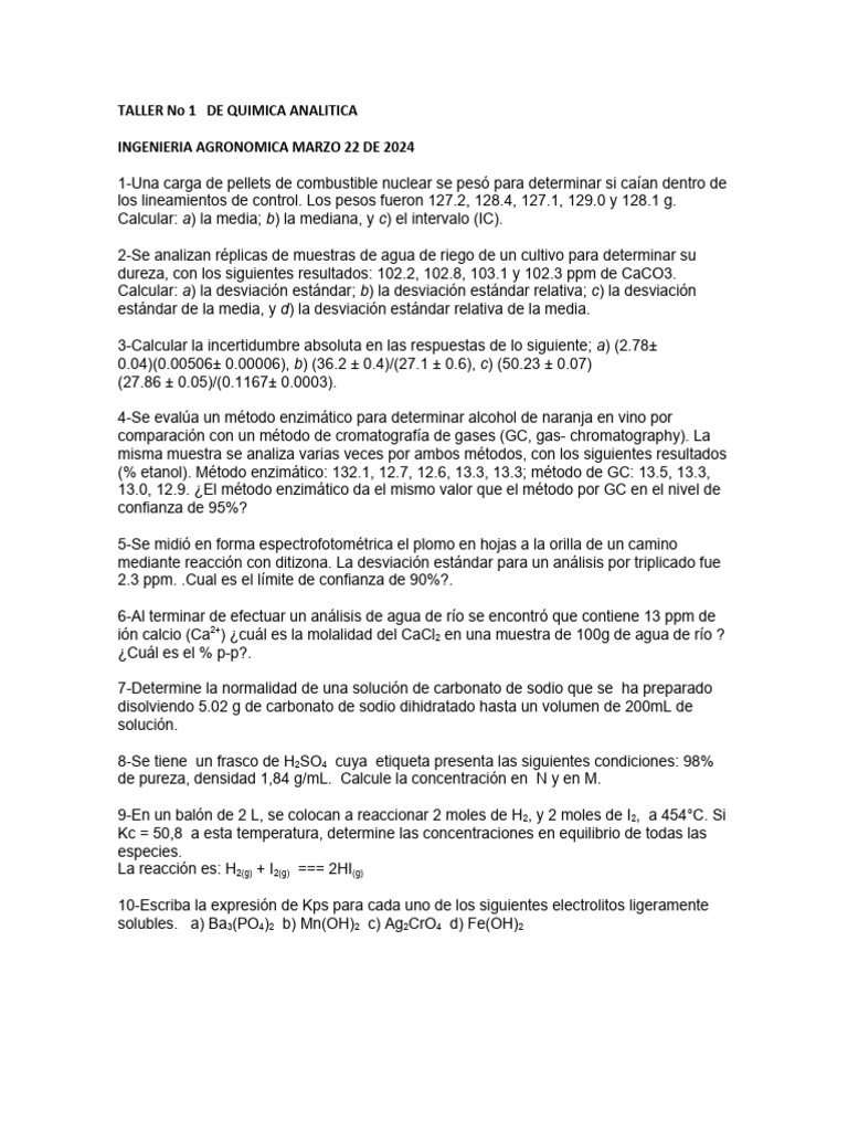 TALLER No 1 DE QUIMICA ANALITICA | PDF