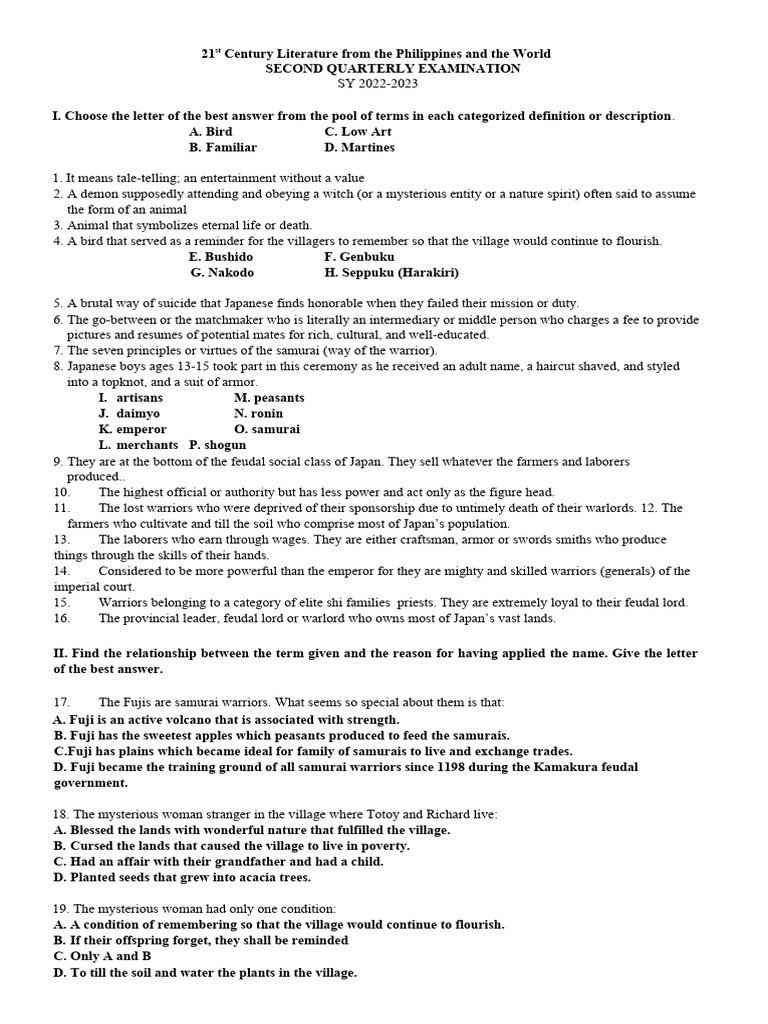 21st Century Lit 2nd Quarter Exam | PDF | Samurai | Penelope