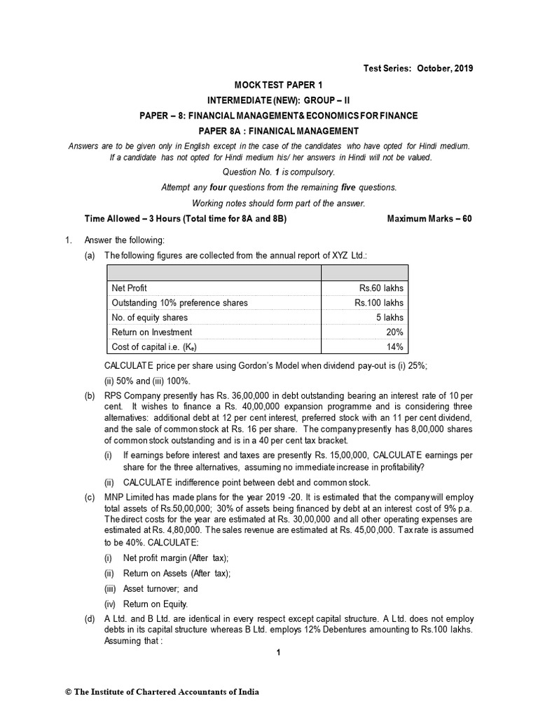 FM MTP Question Paper Nov 19 | PDF | Cost Of Capital | Preferred Stock