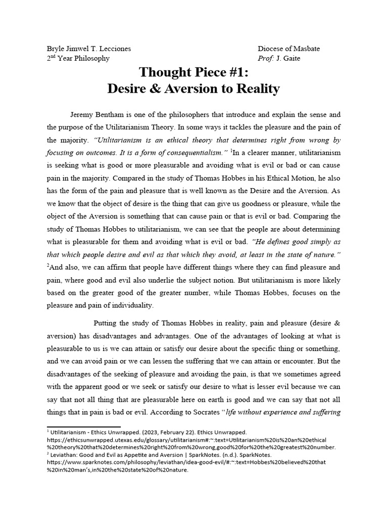 THOUGHT PIECE #1 Desire and Aversion To Reality | PDF | Utilitarianism ...