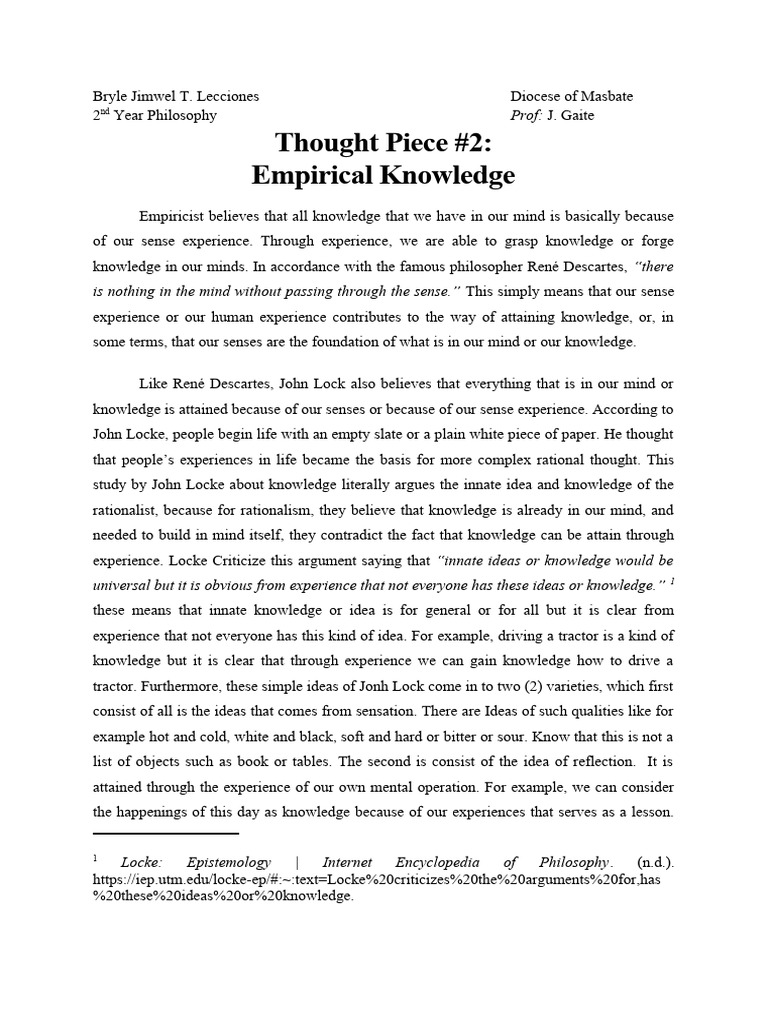 THOUGHT PIECE #2; Emperical Knowledge | PDF | Rationalism | Empiricism