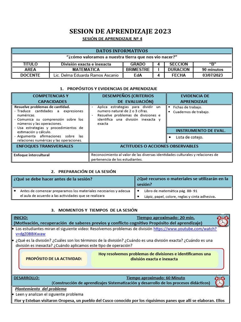 Sesion Mat Division Exacta e Inexacta | PDF | Aprendizaje | Evaluación Sesion Mat Division Exacta e Inexacta | PDF | Aprendizaje | Evaluación