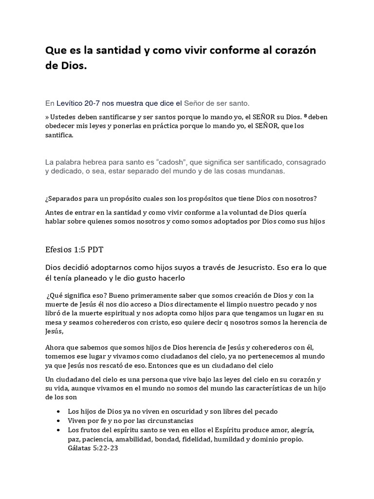 Que Es La Santidad y Como Vivir Conforme Al Corazón de Dios | PDF | Creencia religiosa y ...