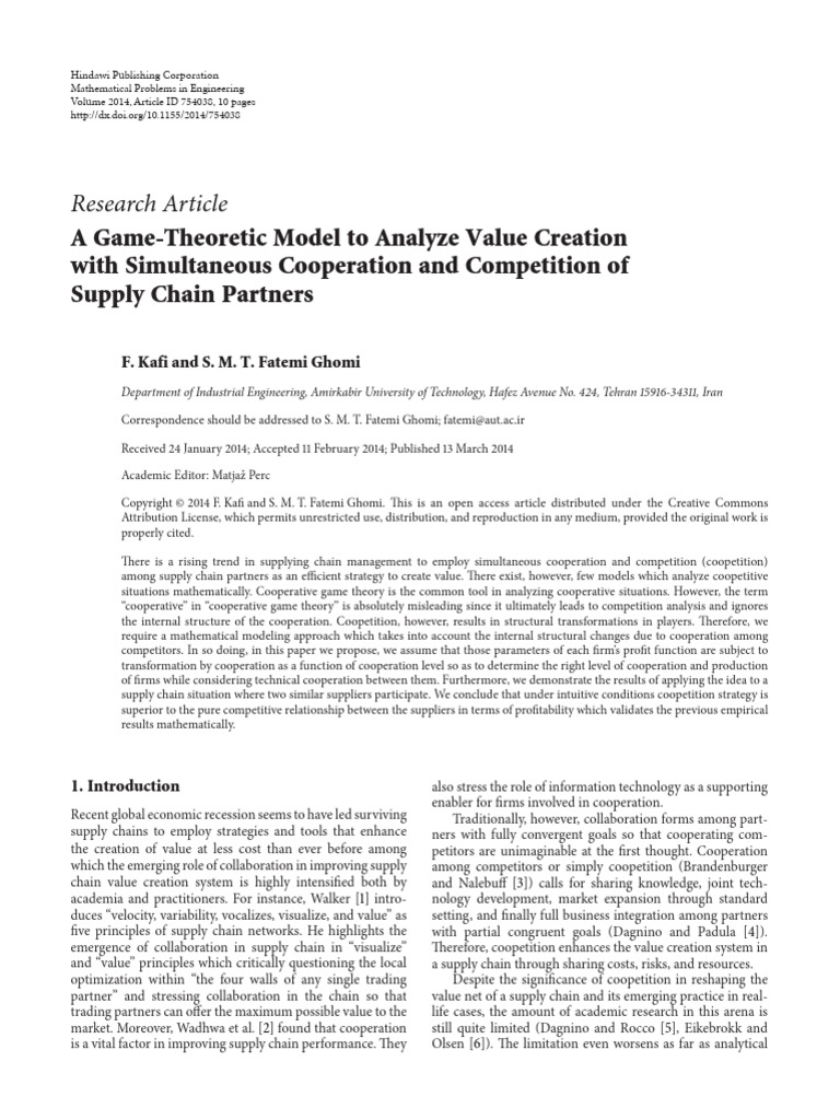 A Game Theoretic Model To Analyze Value Creation W Pdf Game Theory Function Mathematics