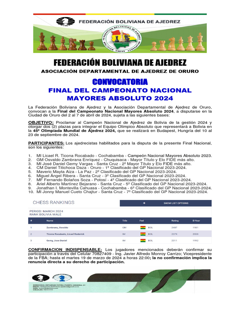 Convocatoria A La Final Nacional Absoluta 2024 | PDF | Bolivia | Juegos de mesa