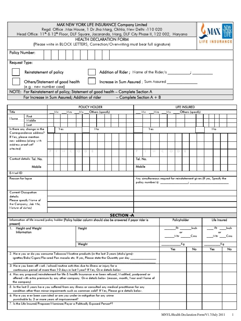 Health Declaration Form | Insurance | Cancer