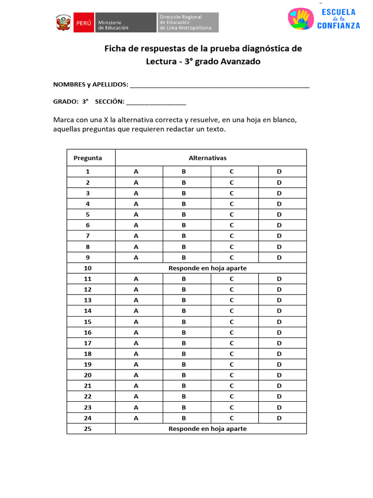 Ficha de Respuesta Lectura 3° Avanzado | PDF