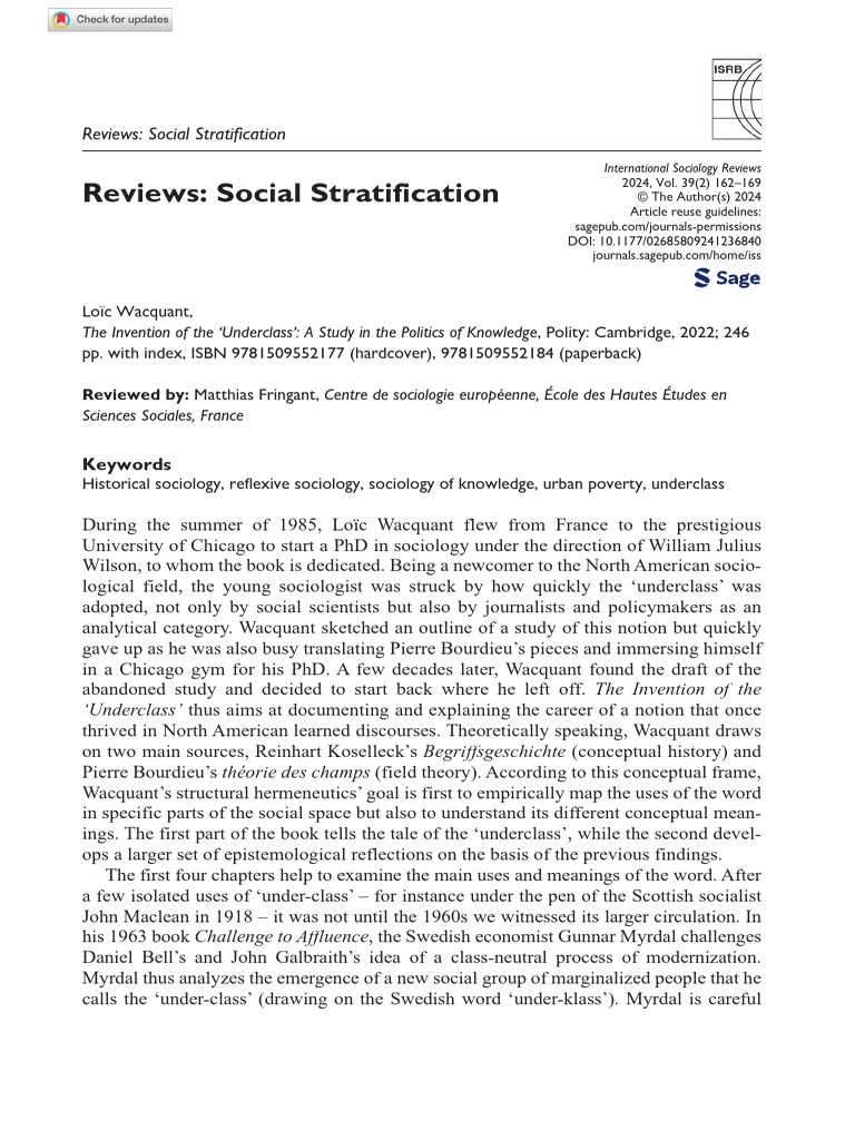 Fringant 2024 Loic Wacquant The Invention of The Underclass A Study in ...