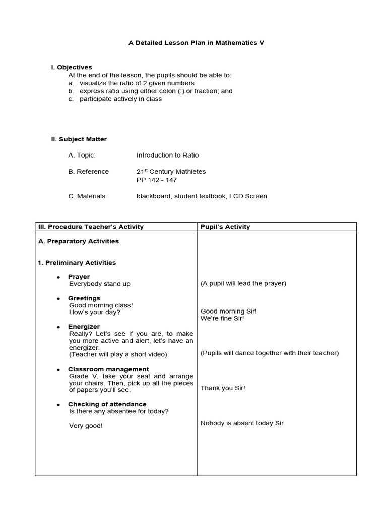 Lesson Plan: Introduction to Ratio | PDF | Ratio | Mathematics