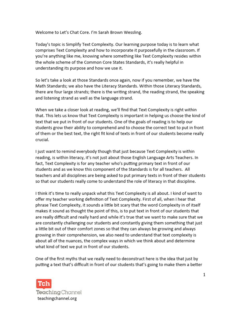 Wessling (2013) Simplifying - Text - Complexity (TRANSCRIPT) | PDF | Reading Comprehension ...