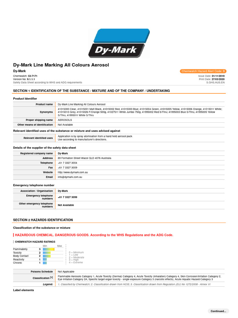 Dy-Mark Line Marking Aerosol Safety Data | PDF | Combustion | Toxicity