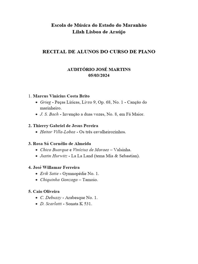 Modelo 1 Folha A5 Programa Recital | PDF | Arte