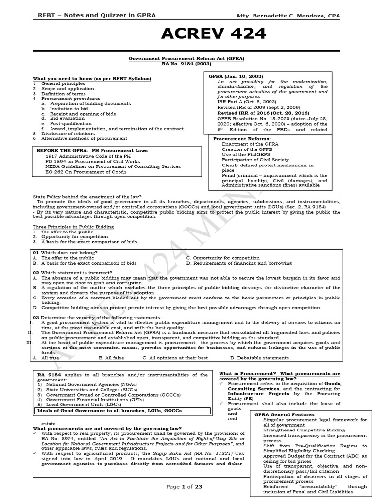 Shared RFBT Notes and Quizzer On GPRA | Download Free PDF | Procurement ...