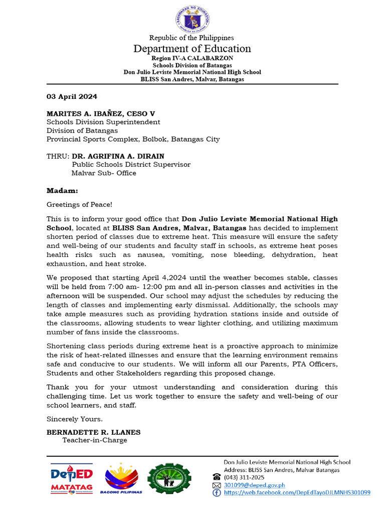 Letter To Sds Due To Extreme Heat | PDF