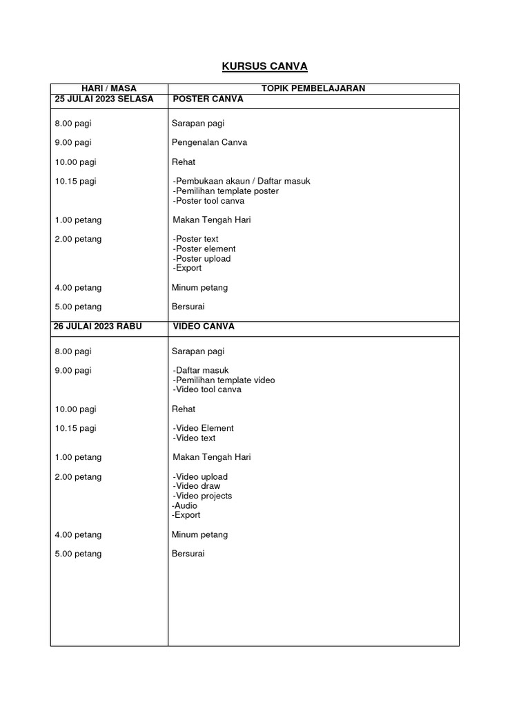 Tentatif Kursus Canva | PDF