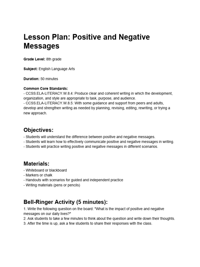 Lesson Plan_ Positive and Negative Messages 2024 guide | PDF | Writing ...