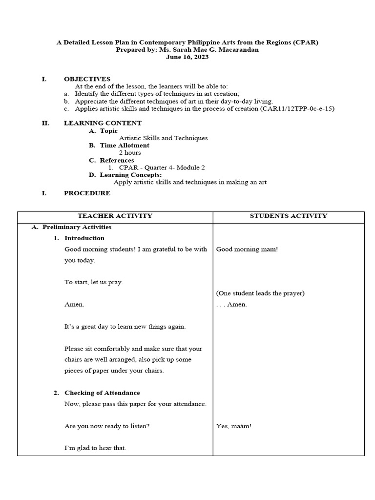 Detailed Lesson Plan: Contemporary Arts | PDF | Lesson Plan | Learning