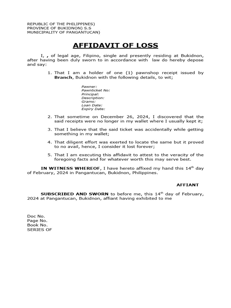 Affidavit of Loss for Pawnshop Receipt | PDF