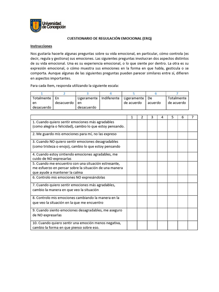 Instrumento ERQ en Español | Descargar gratis PDF | Las emociones ...