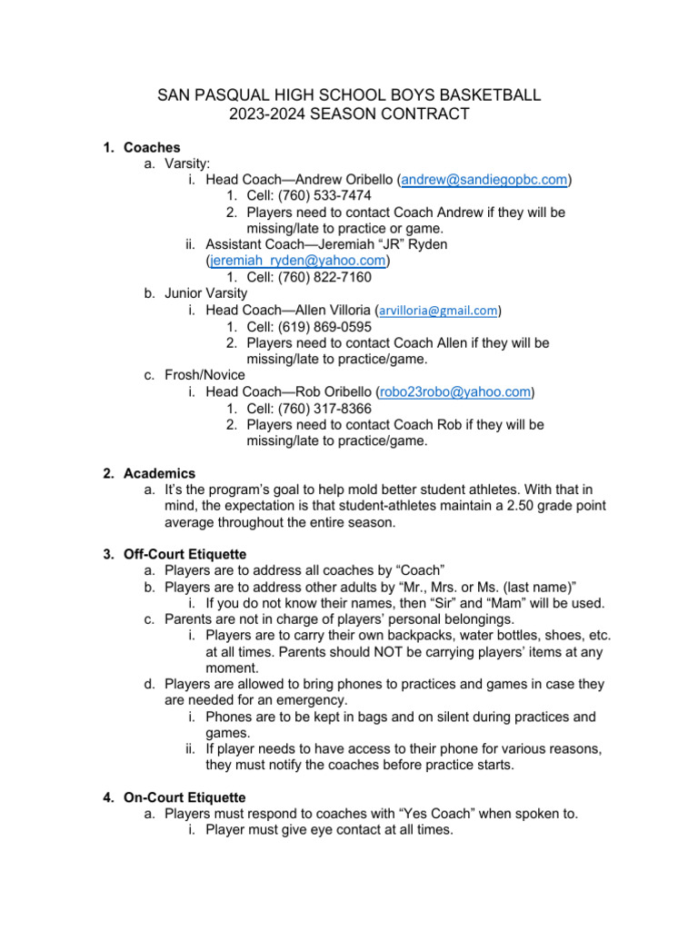 SP Boys Basketball Contract 2023-2024 | PDF