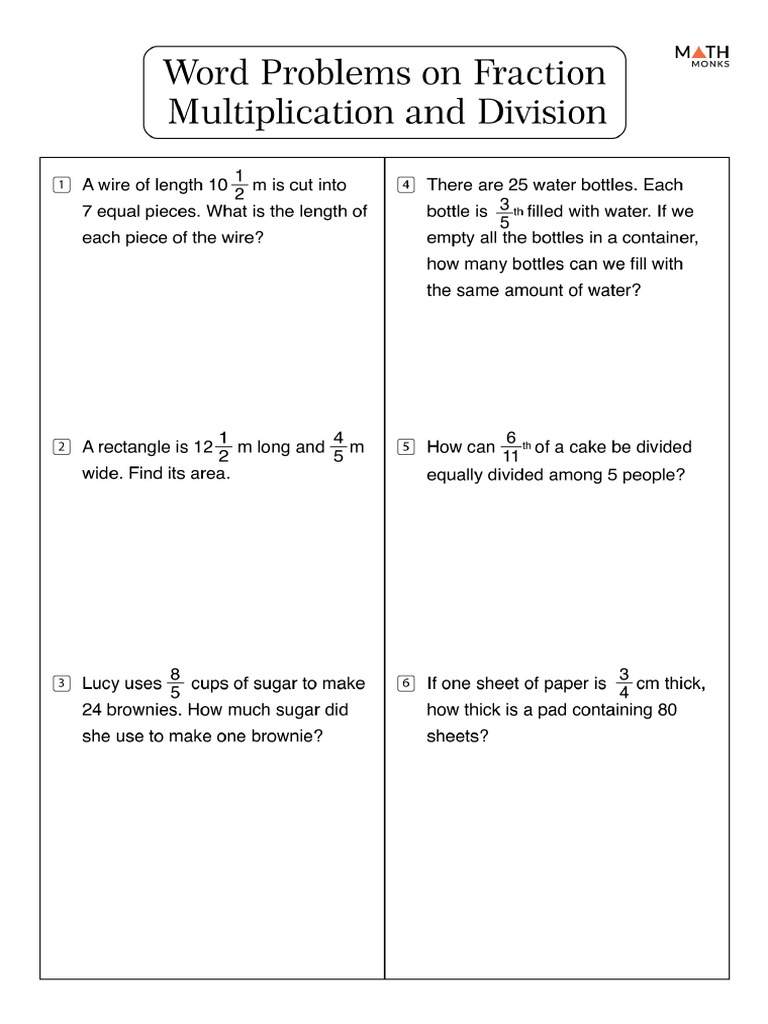 Multiplying and Dividing Fractions Word Problems Worksheets 6th Grade | PDF