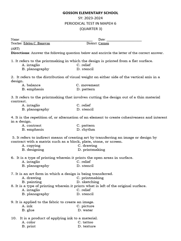Grade 6 - q3 | PDF | Printmaking | Hygiene