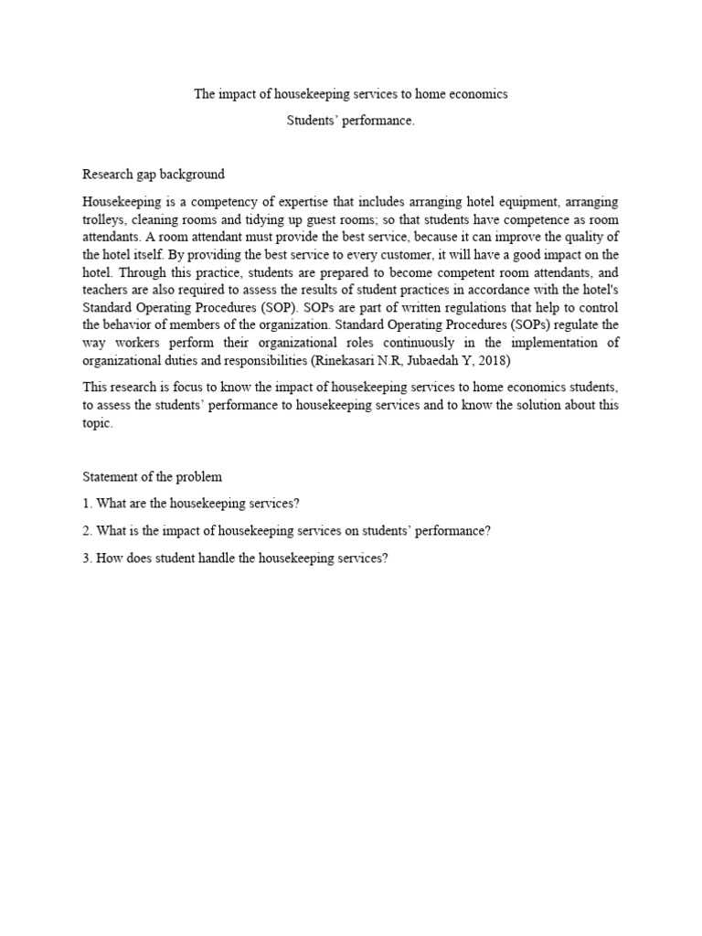 The Impact of Housekeeping Services To Home Economics | PDF | Business