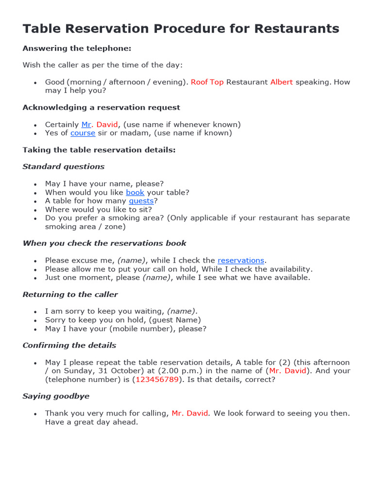 Table Reservation Procedure For Restaurants | PDF