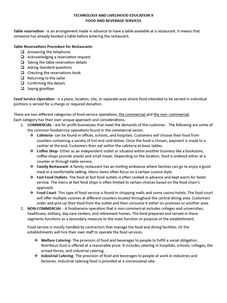 FBS - Students' Reviewer | PDF | Tableware | Foodservice