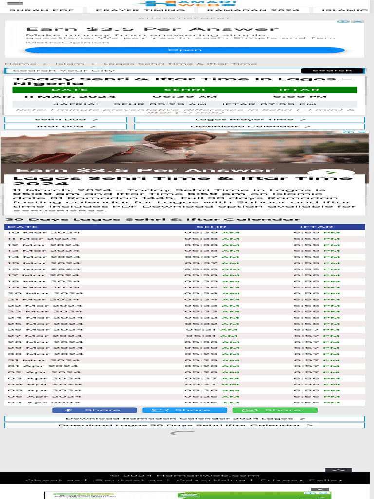 Lagos Sehri & Iftar Time Today - Fasting Calendar 2024 | PDF | Ramadan | Fasting